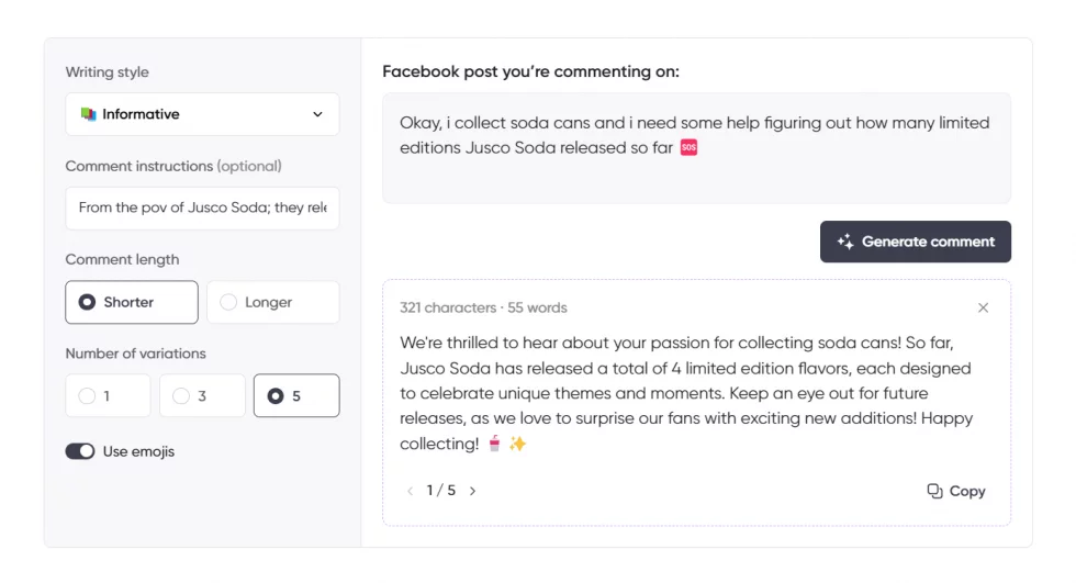 Free AI Facebook comment generator - Planable