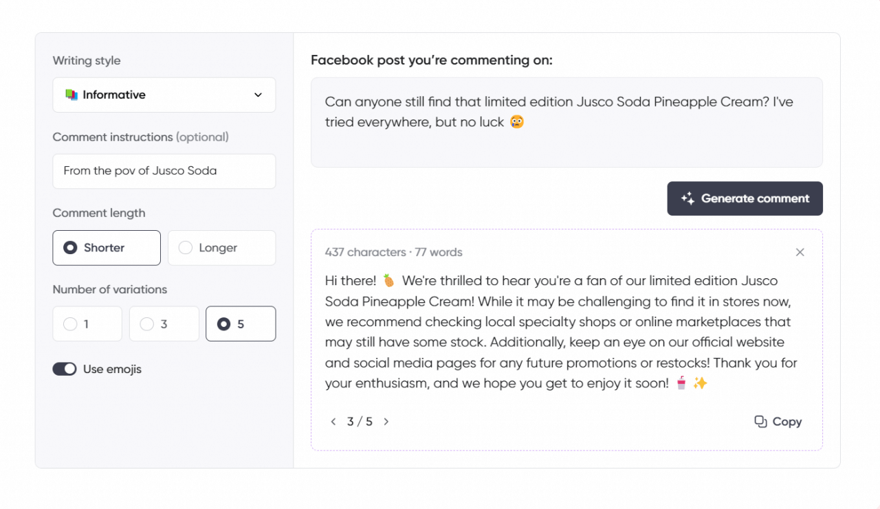 Free AI Facebook comment generator - Planable
